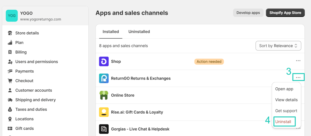 Uninstalling Returngo